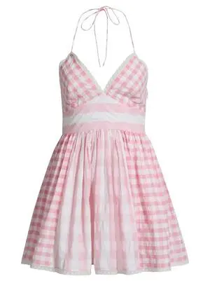 LoveShackFancy Arletta Gingham Halter Minidress - Watermelon Waves