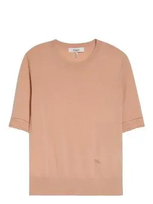 Chloé Lace Trim Short Sleeve Wool Sweater - Pink