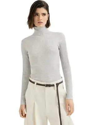 Brunello Cucinelli Ribbed Cashmere And Silk Blend Turtleneck Sweater - Light Grey