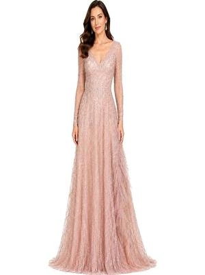 LARA NEW YORK Long Sleeve V-neck Lace Gown With Feather Embellishments - Blush