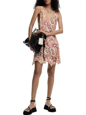 Desigual Sleeveless V-neck Floral Print Handkerchief Hem Minidress - Pink