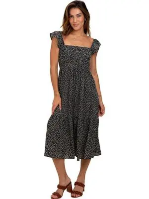 PINKBLUSH Floral Print Smocked Bodice Ruffled Strap Midi Dress - Black