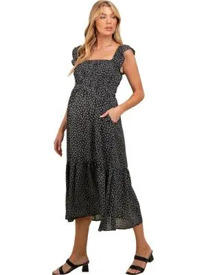 PINKBLUSH Ruffle Strap Smocked Floral Midi Dress - Black