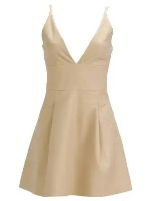 MOV Name' Deep V-neck Vegan Leather Mini Dress With Side Pockets - Yellow