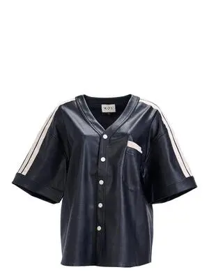 MOV Oversized Vegan Leather Short Sleeve Shirt With Side Stripe Detail - Black