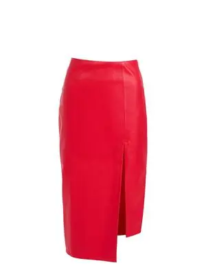 MOV Asymmetrical Pencil Skirt — Bold Vegan Leather With Side Slit And Lined Interior - Red