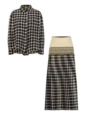 EMANMOON Checked Shirt And Pleated Skirt Set - Black