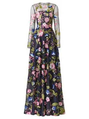 Naeem Khan Sequin Floral Lace Long Sleeve Gown - Blue