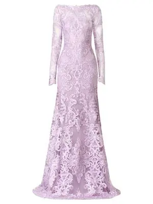 Naeem Khan Ribbon Lace Boatneck Long Sleeve Gown - Purple