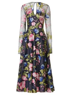 Naeem Khan Sequined Floral Lace V-neck Long Sleeve Cocktail Dress - Blue
