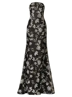 NAEEM KHAN Metallic Floral Raffia Bustier Strapless Fit-And-Flare Gown