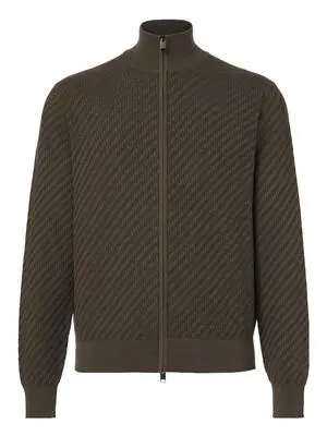 Brioni Jacquard Cotton, Silk, And Cashmere Zip-up Sweater - Brown