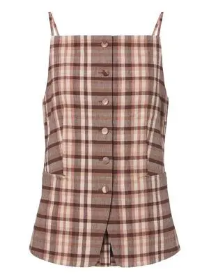 Staud Una Plaid Linen-blend Top - Brown