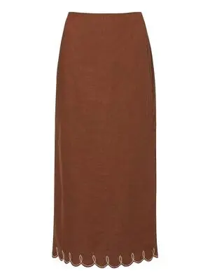Veronica Beard Malou Embroidered Linen Midi Skirt - Brown