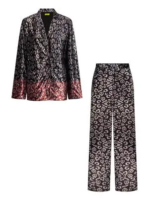 EMANMOON Abstract Patterned Satin Blazer And Trouser Set - Black/red