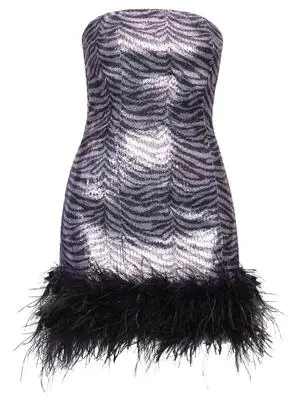 MOV Zebra Sequins Mini Dress With Feather Hem - Black/silver