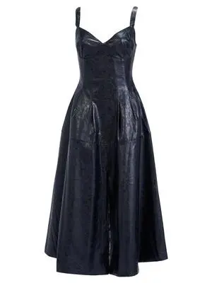 MOV Midi Slit Dress Structured Bustier With Flared Skirt In Vegan Leather - Black