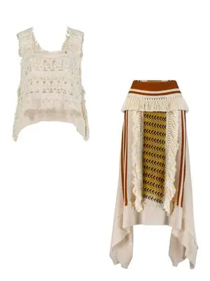 EMANMOON Crochet Knit Ensemble With Fringe Detailing - Beige