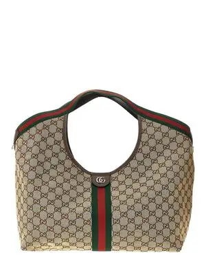 Gucci Large Gg Monogram Canvas Shopping Bag With Web Detail - Brown