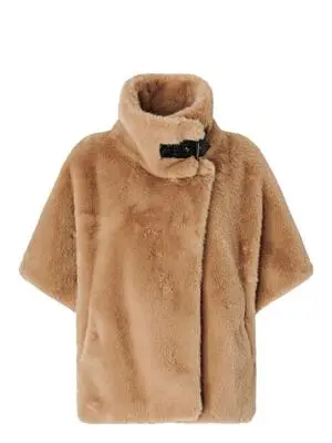 Pinko Faux Fur Cape With Buckle Detail - Beige