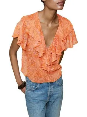 Mango Ruffled Paisley Print Blouse - Orange