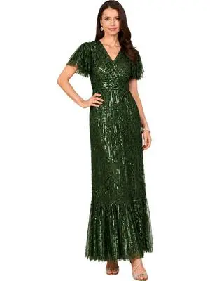 LARA NEW YORK Sequined Gown With V-neckline And Flutter Sleeves - Emerald