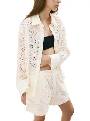 Mango Eyelet Cotton Shirt With Floral Cutouts - Ecru