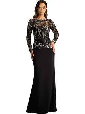 Tadashi Shoji Beacon Belted Embroidered Illusion Gown - Black/silver