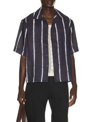 Commas Shibori Stripe Cuffed Camp Collar Shirt In Blue - Navy