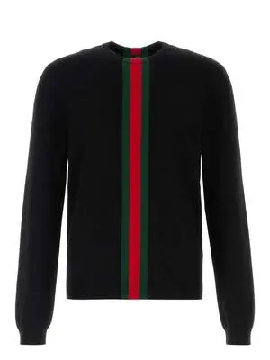Gucci Long Sleeve Crew Neck Knit Top With Striped Detail - Black