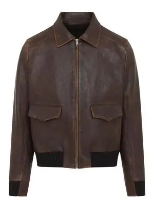 Prada Leather Bomber Jacket Fw26 - Brown