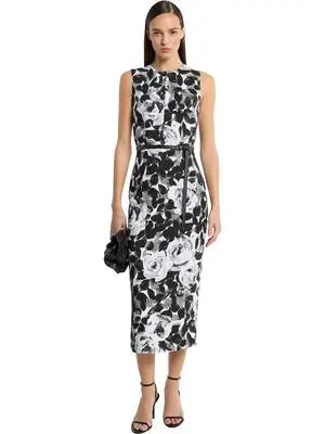 MICHAEL KORS Michael Kors Collection Rose Print Stretch Cady Belted Sheath Dress