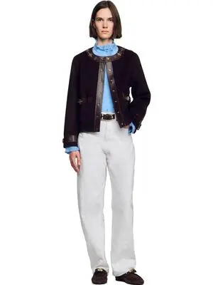 Sandro Short Coat With Lambskin And Metal Buckle Details - Brown
