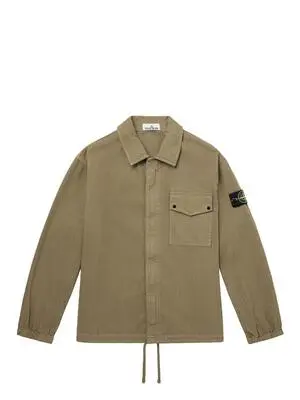 Stone Island Logo-appliquéd Garment-dyed Herringbone Cotton Shirt - Green
