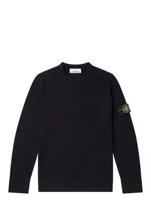 Stone Island Logo-appliquéd Ribbed Virgin Wool Sweater - Black