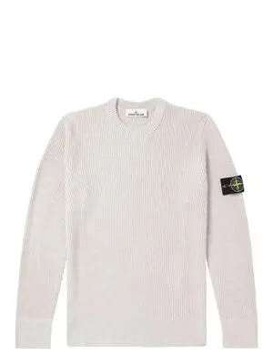 Stone Island Logo-appliquéd Ribbed Virgin Wool Sweater - Light Gray