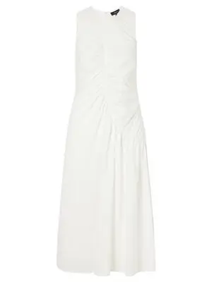 Theory Ruched Cotton-blend Sateen Midi Dress - White