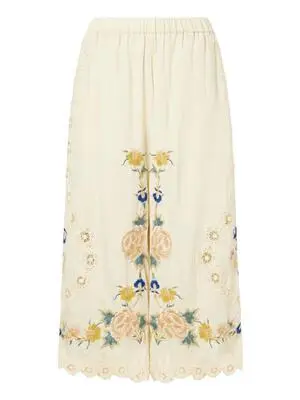 Sea Adonna Embroidered Cotton Wide-leg Cropped Pants - Neutrals
