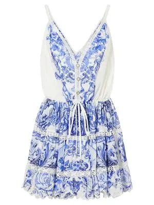 Camilla Printed Embroidered Cotton And Silk-blend Mini Dress - Blue