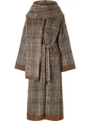 Brunello Cucinelli Belted Checked Wool-blend Coat With Integrated Scarf - Gray