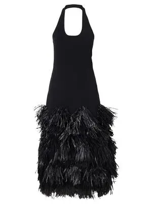 Aje Elva Halterneck Stretch-jersey Midi Dress With Raffia-effect Poms - Black