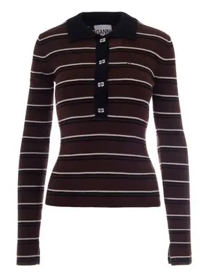 GANNI Ganni Striped Knitted Polo Top Black