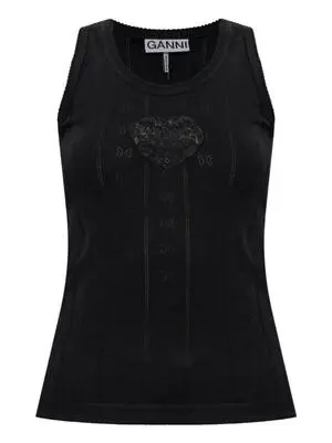 GANNI Ribbed Sleeveless Vest With Heart Applique - Black