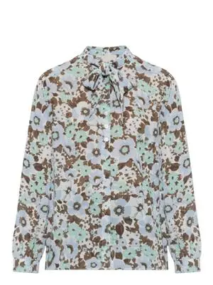 Tory Burch Printed Long Sleeve Shirt With Bow Detail - Gray