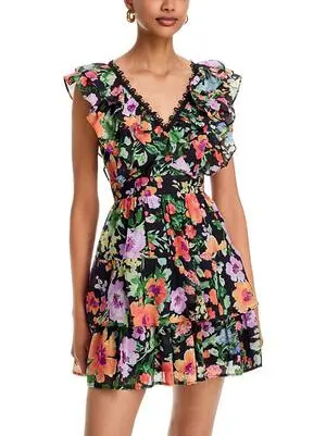 Aqua Floral Ruffle Sleeve Mini Dress - Black Multi