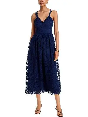 Aqua Lace Drop Waist Midi Dress - Navy