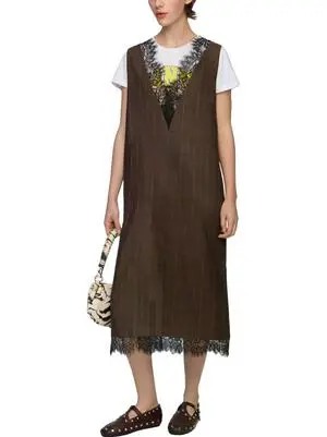 GANNI Pinstriped Lace-trim Midi Dress - Brown