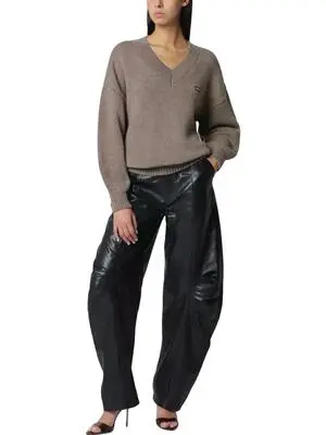 ROTATE BY BIRGER CHRISTENSEN Logo Patch V-neck Sweater - Neutrals