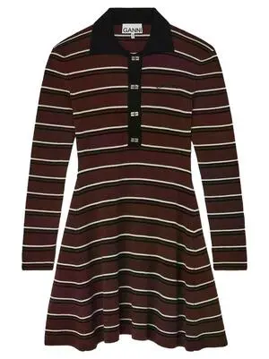 GANNI Striped Knit Polo Mini Dress - Brown