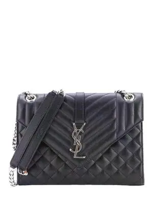 Saint Laurent Classic Monogram Envelope Satchel Mixed Matelasse Leather Medium Shoulder Bag - Black